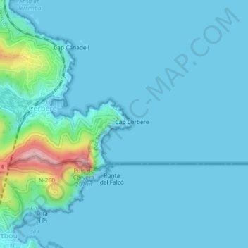 Topografische kaart Phare solaire du Cap Cerbère, hoogte, reliëf