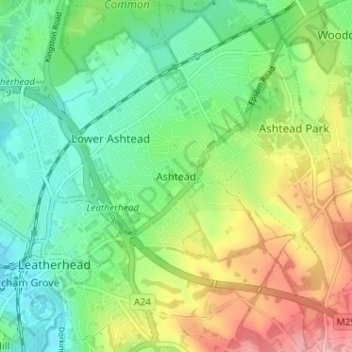 Topografische kaart Ashtead, hoogte, reliëf