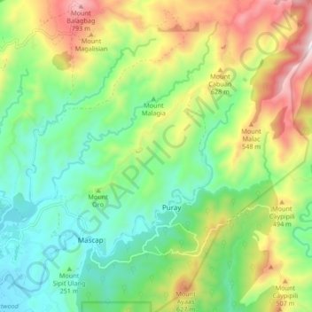 Topografische kaart Puray River, hoogte, reliëf