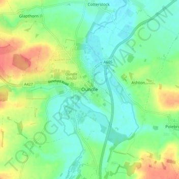 Topografische kaart Oundle, hoogte, reliëf